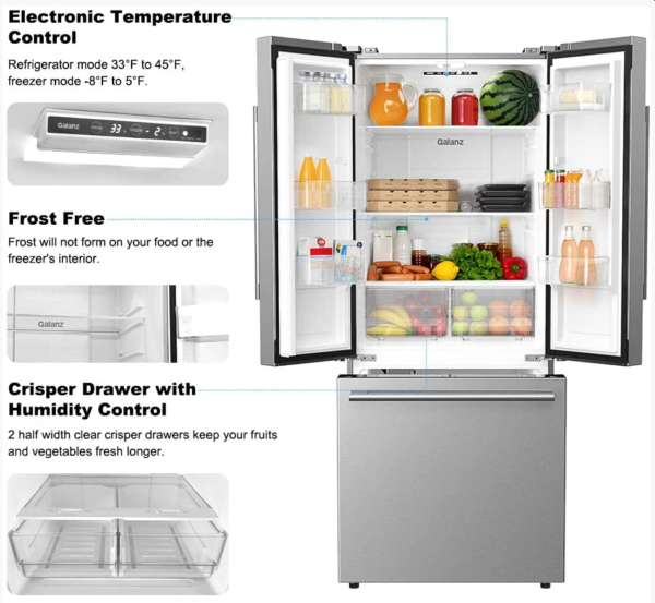 Galanz 16 Cu Ft 3 Door French Door Refrigerator with Built-in Ice Maker ...